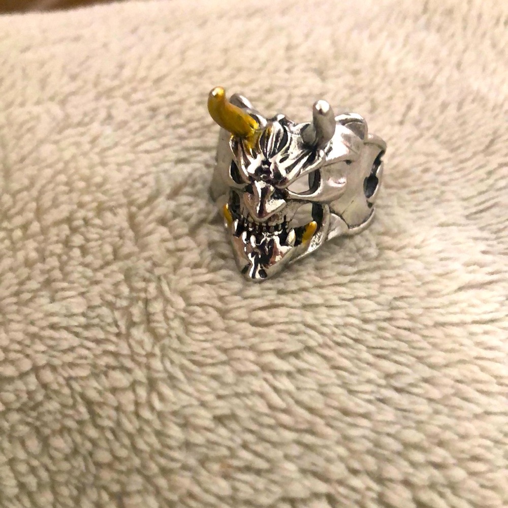 Large Oni Japanese Demon Silver Ring - Gem